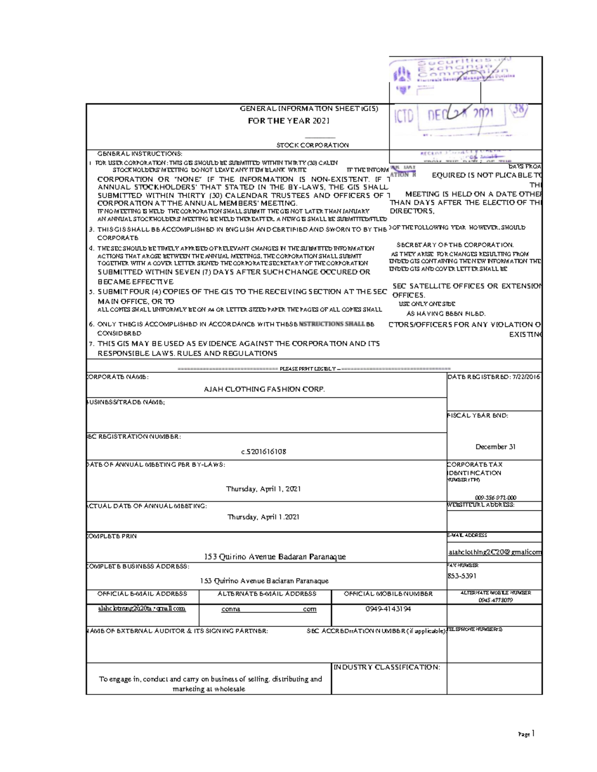 GIS 2021 - Page 1 GENERAL INFORMATION SHEET tGIS) FOR THE YEAR 2021 ...