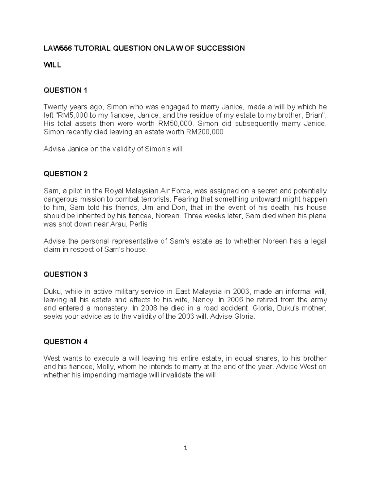 LAW556 Tutorial Questions ON LAW OF Succession-1 - LAW556 TUTORIAL ...