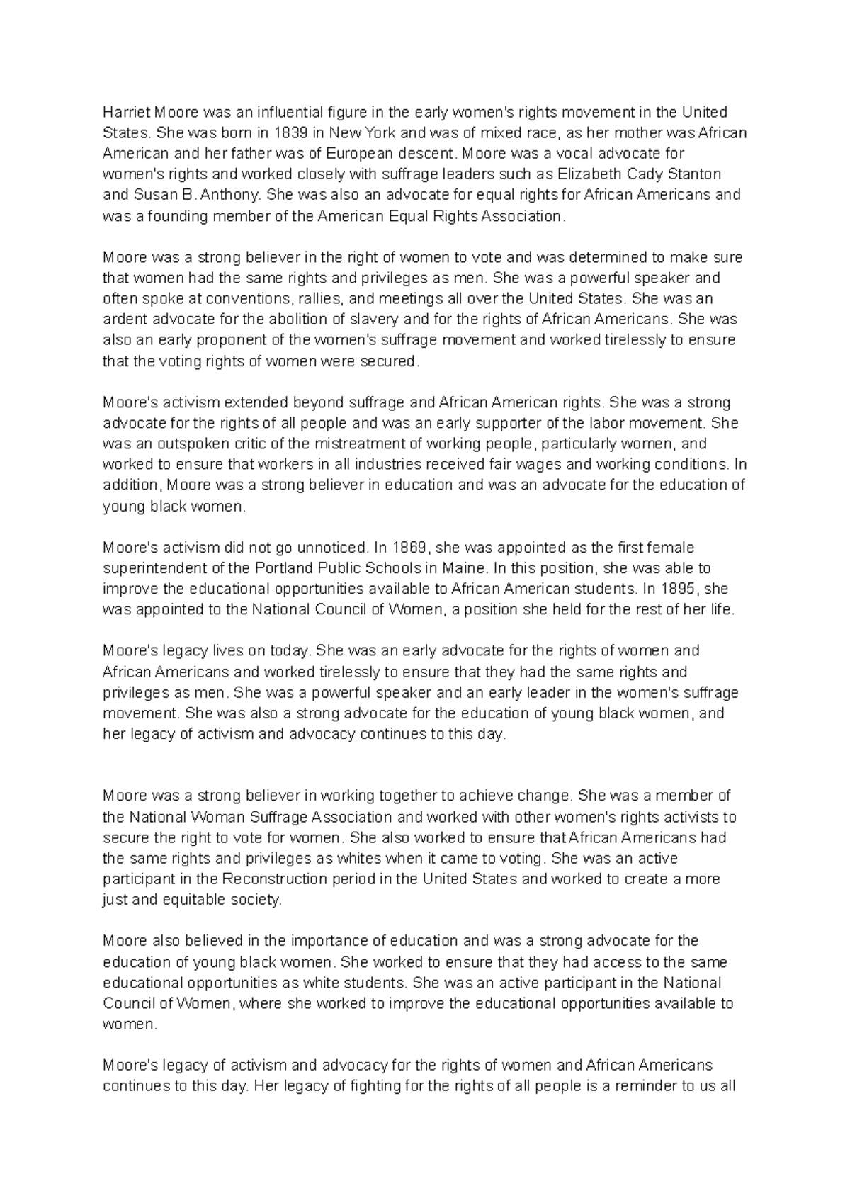 Harriet - practice materials - Harriet Moore was an influential figure ...