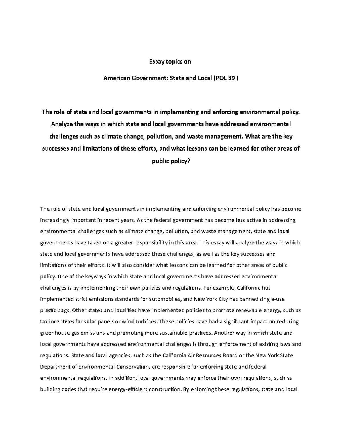 The State and Local Government's Role in implementing Environmental ...