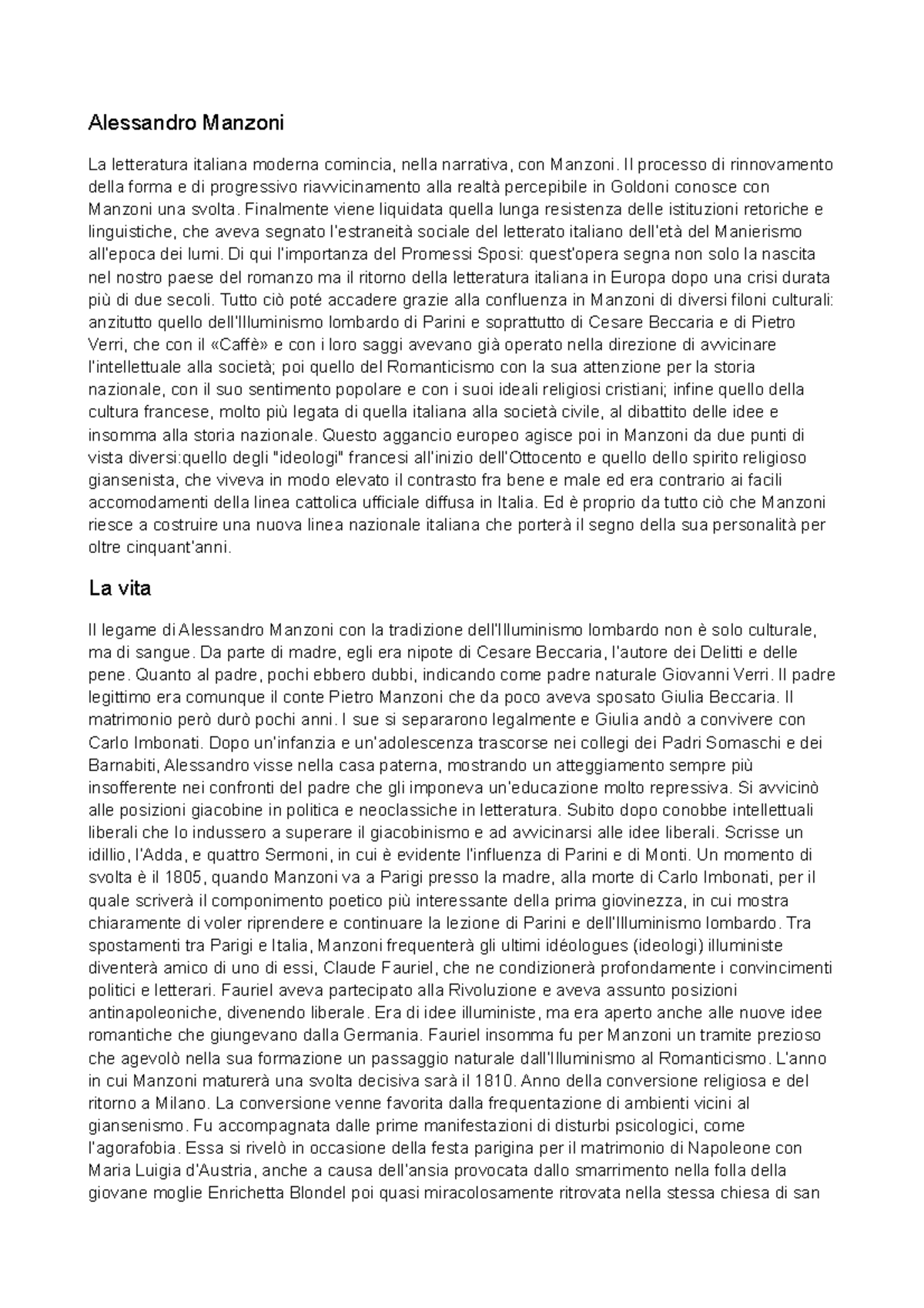 Alessandro Manzoni - Riassunto dal manuale di letteratura italiana ...