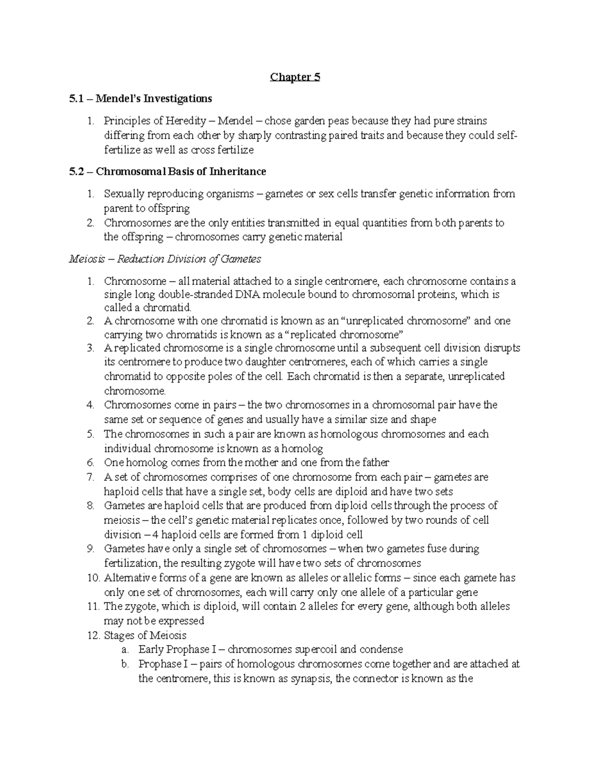 Chapter 5 - BIOL 302 Notes from Textbook - Chapter 5 5 – Mendel’s ...