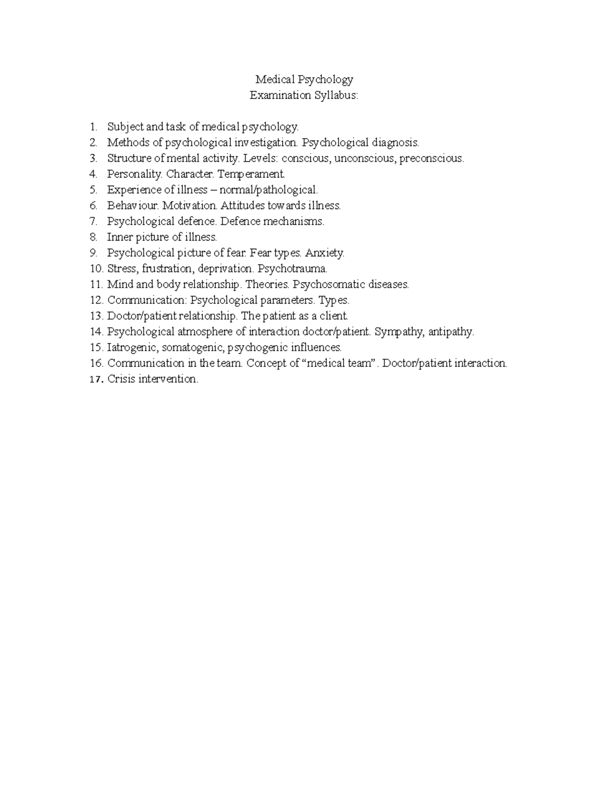 Examination syllabus - Medical Psychology Examination Syllabus: Subject ...