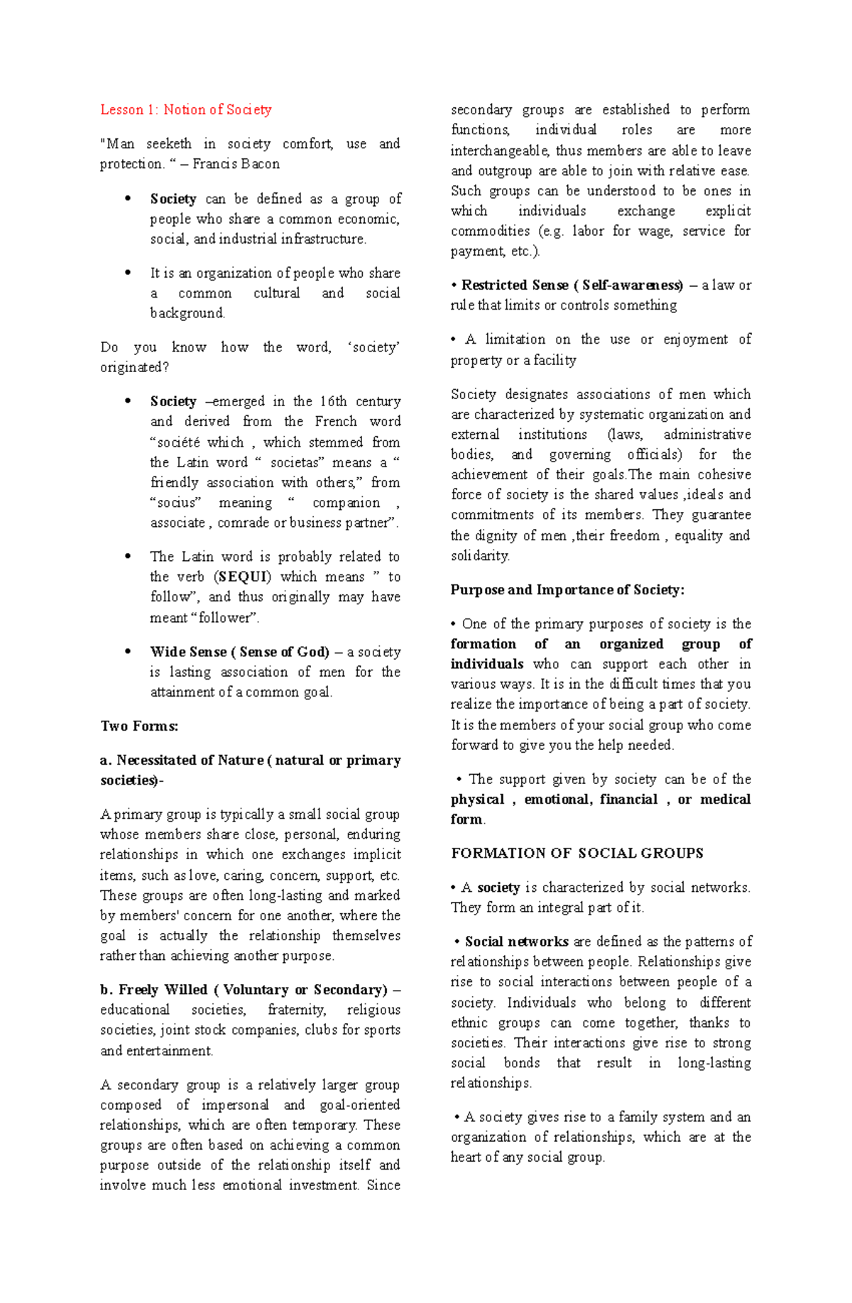 FCL - FCL Notes - Lesson 1: Notion of Society "Man seeketh in society ...