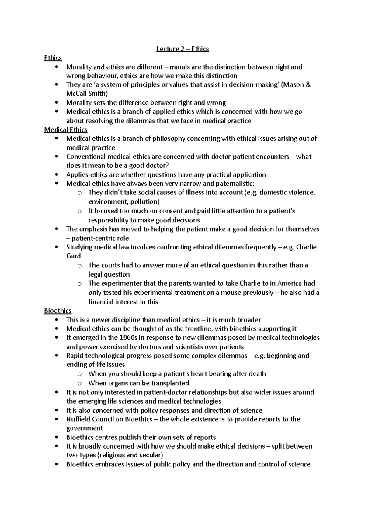 Ethics notes typed up - Lecture 2 Ethics Ethics Morality and ethics are ...
