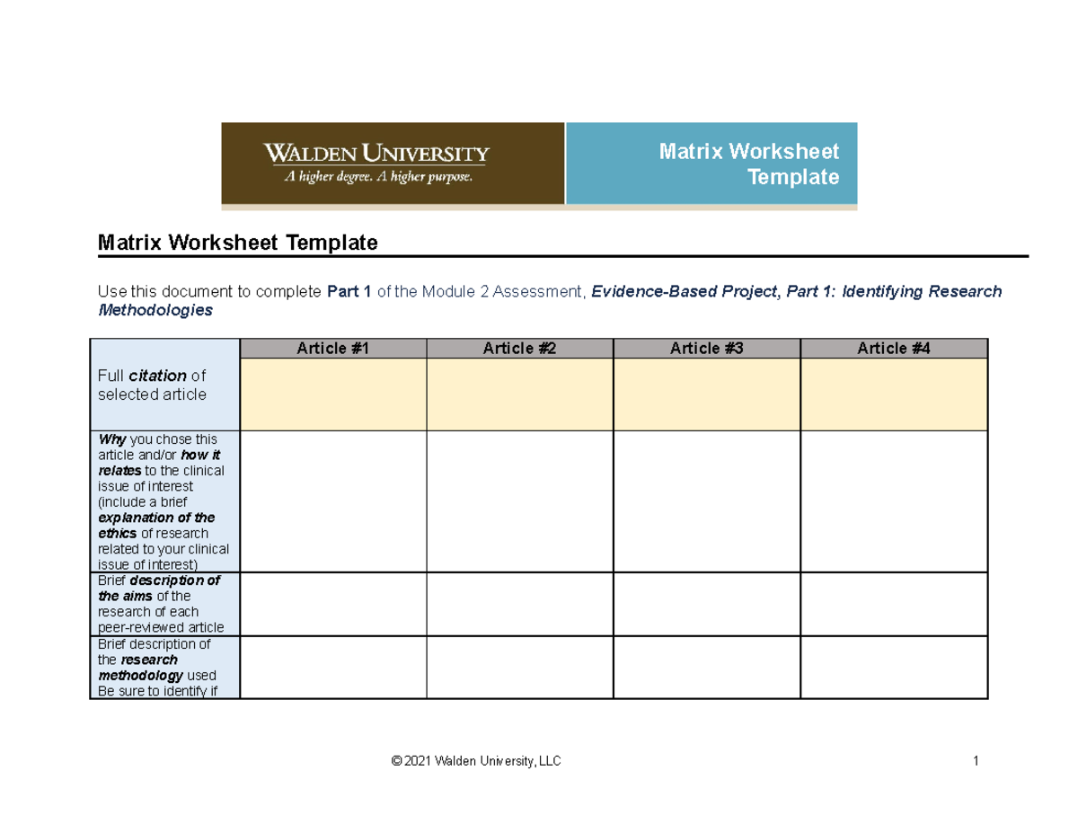 USW1 NURS 6052 Matrix Worksheet Template - NURS 4001 - UofM - Studocu