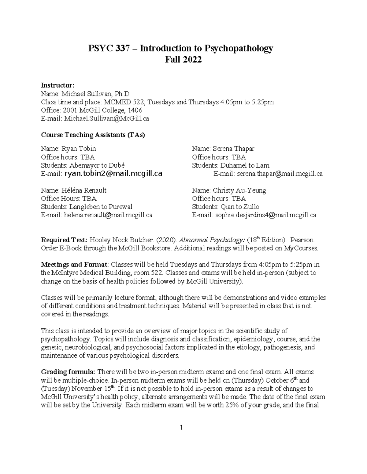 PSYC337 Syllabus Fall 2022 - PSYC 337 – Introduction to Psychopathology Fall 2022 Instructor ...