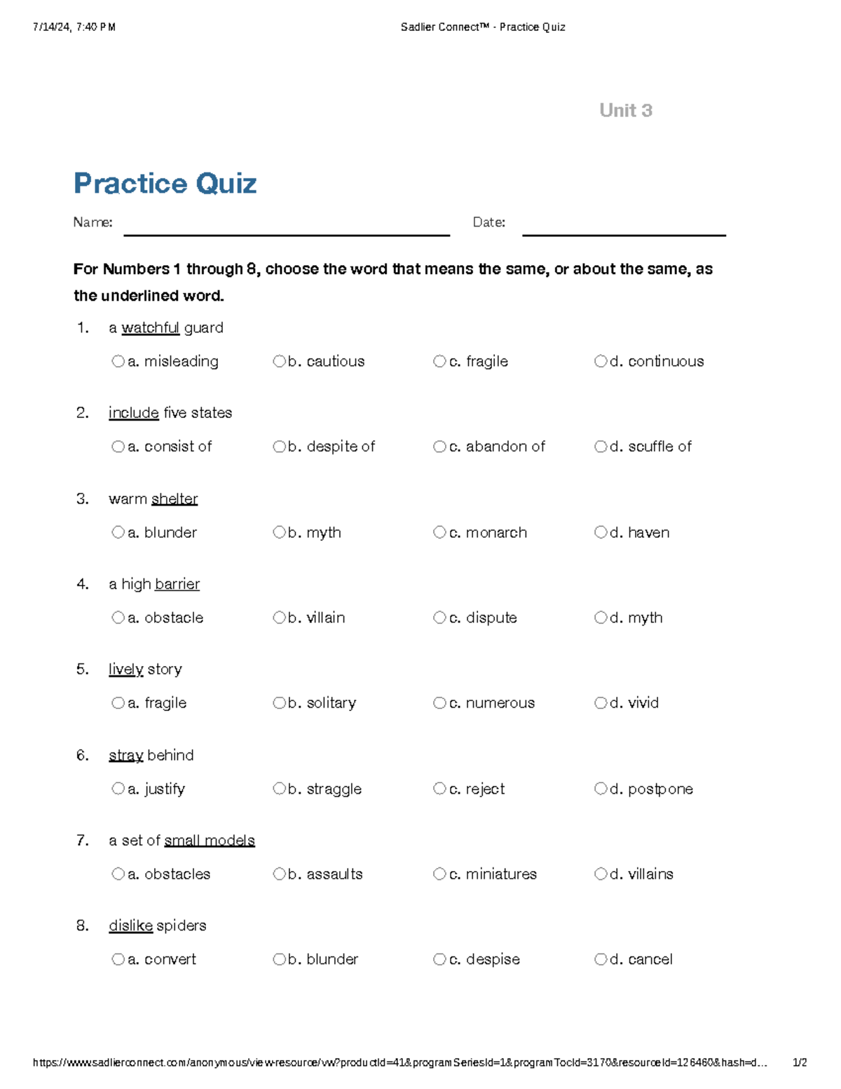 Sadlier Connect™ - Practice Quiz - Unit 3 Practice Quiz Name: Date: For ...
