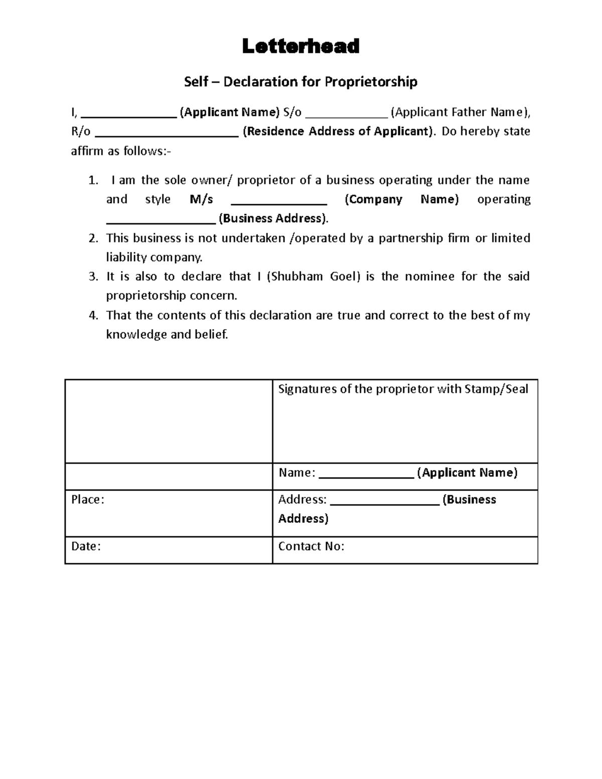 Self Declaration of Proprietor - Letterhead Self – Declaration for ...
