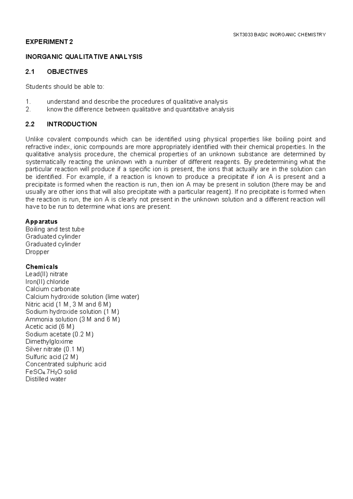 Experiment 2 Inorganic Qualitative Analysis v2 - SKT3033 BASIC INORGANIC CHEMISTRY EXPERIMENT 2 ...