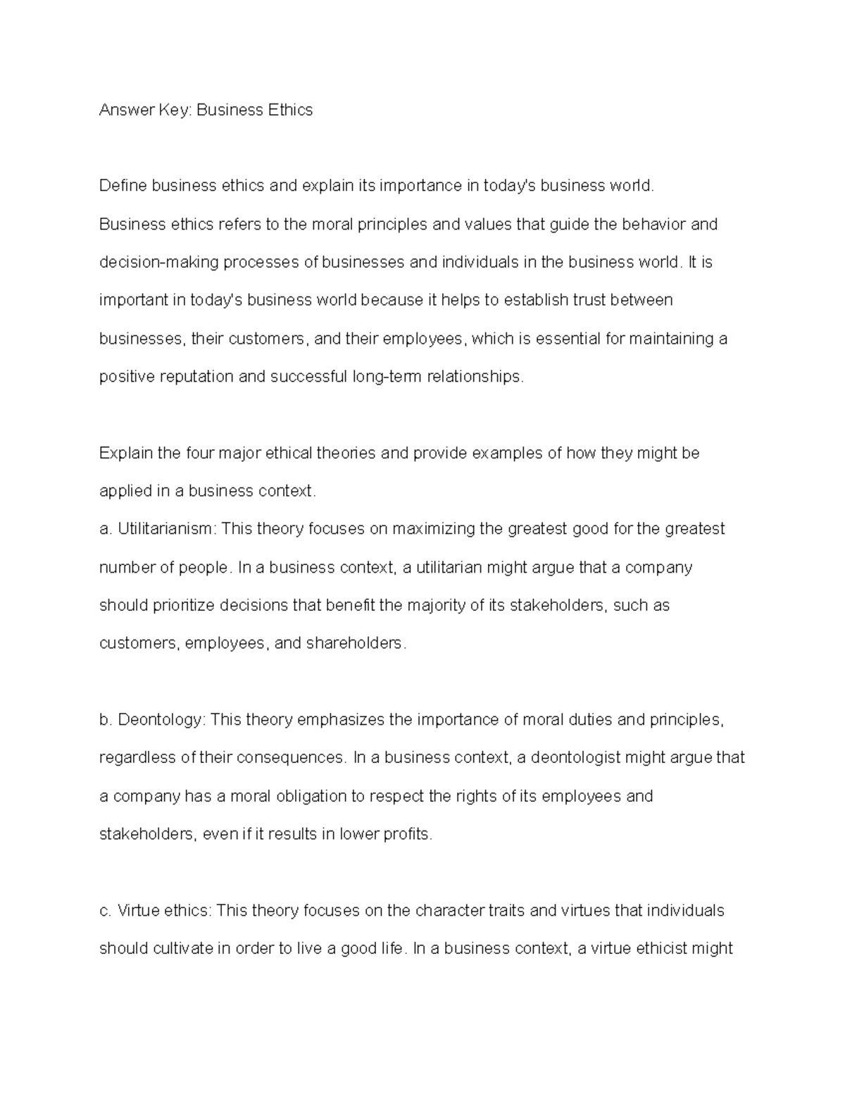 Answer Key Business Ethics - Answer Key: Business Ethics Define ...