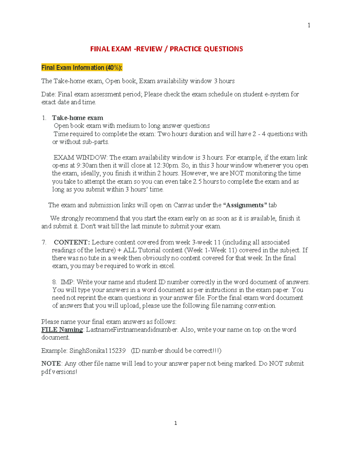 Final EXAM- Practice Questions - FINAL EXAM -REVIEW / PRACTICE ...