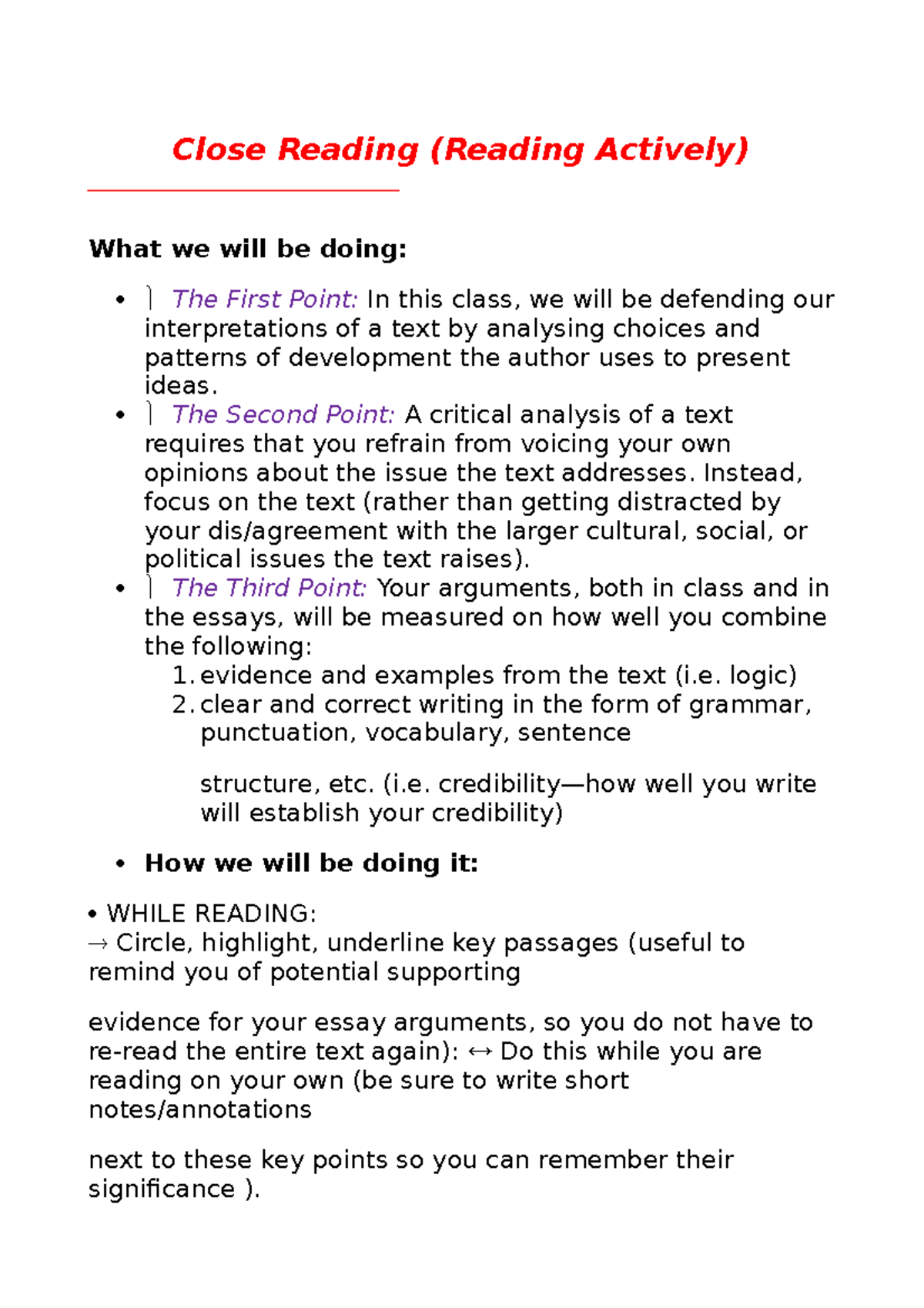 Close Reading (Reading Actively) - The Second Point: A critical ...