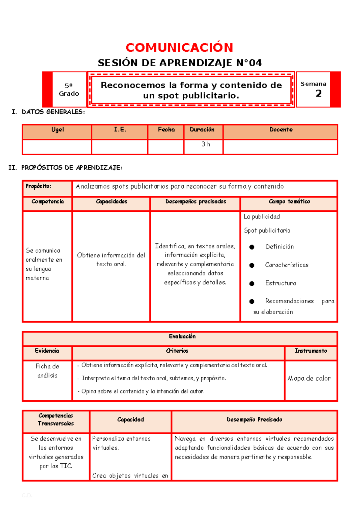 5° Sesión DE Aprendizaje Sesión 4-SEM - I. DATOS GENERALES: Ugel I. Fecha Duración Docente 3 h ...