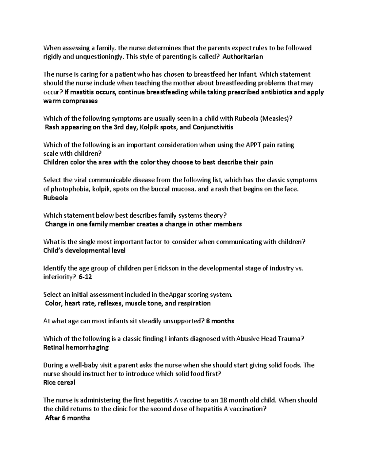 Peds final final 2024 - When assessing a family, the nurse determines ...