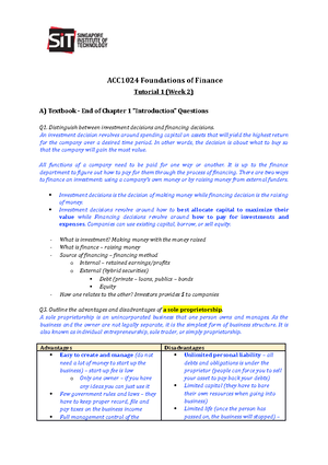 Tutorial 8 (Week 11) - ACC1024 Foundations of Finance Tutorial 8 (Week ...