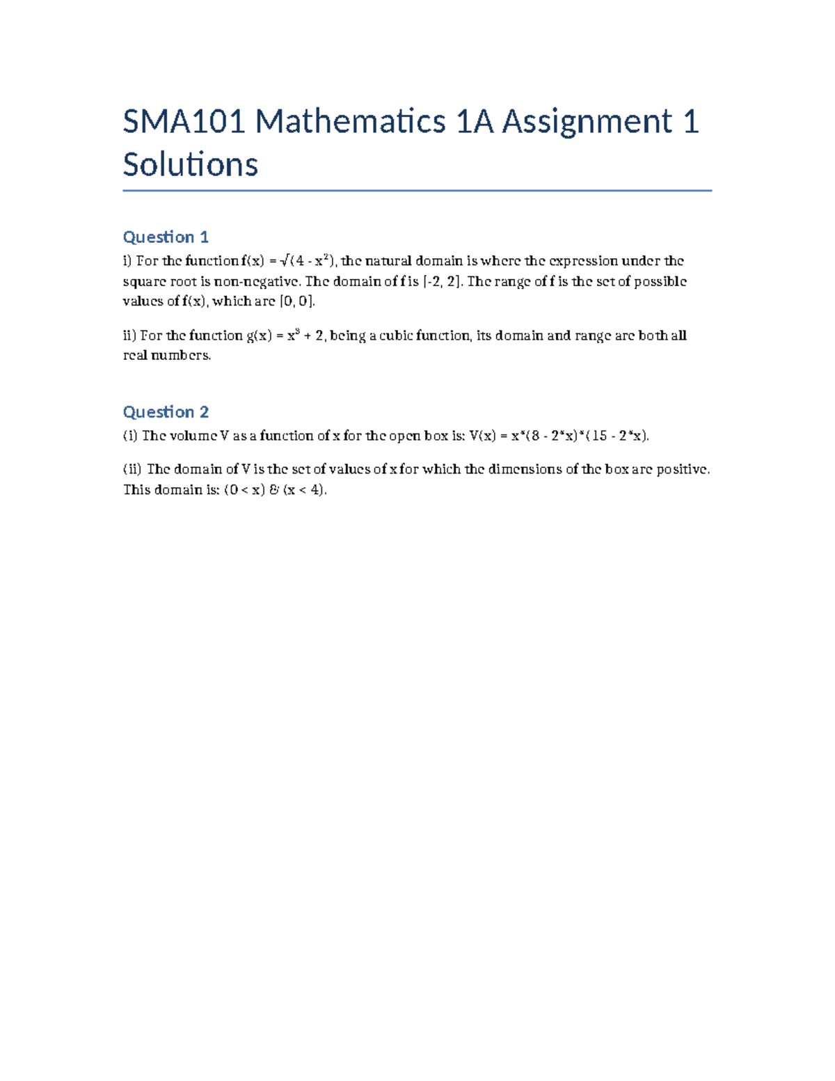 SMA101 Mathematics 1A Assignment 1 Solutions - SMA101 Mathematics 1A Assignment 1 Solutions ...