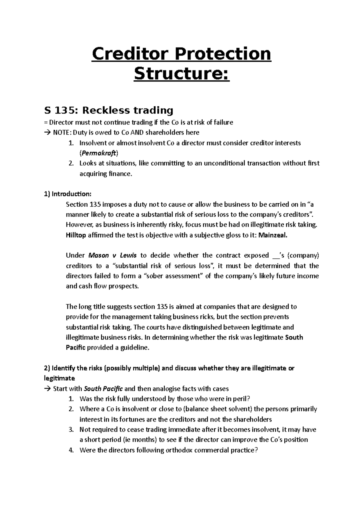 Creditor Protection Exam Structure - Creditor Protection Structure: S ...