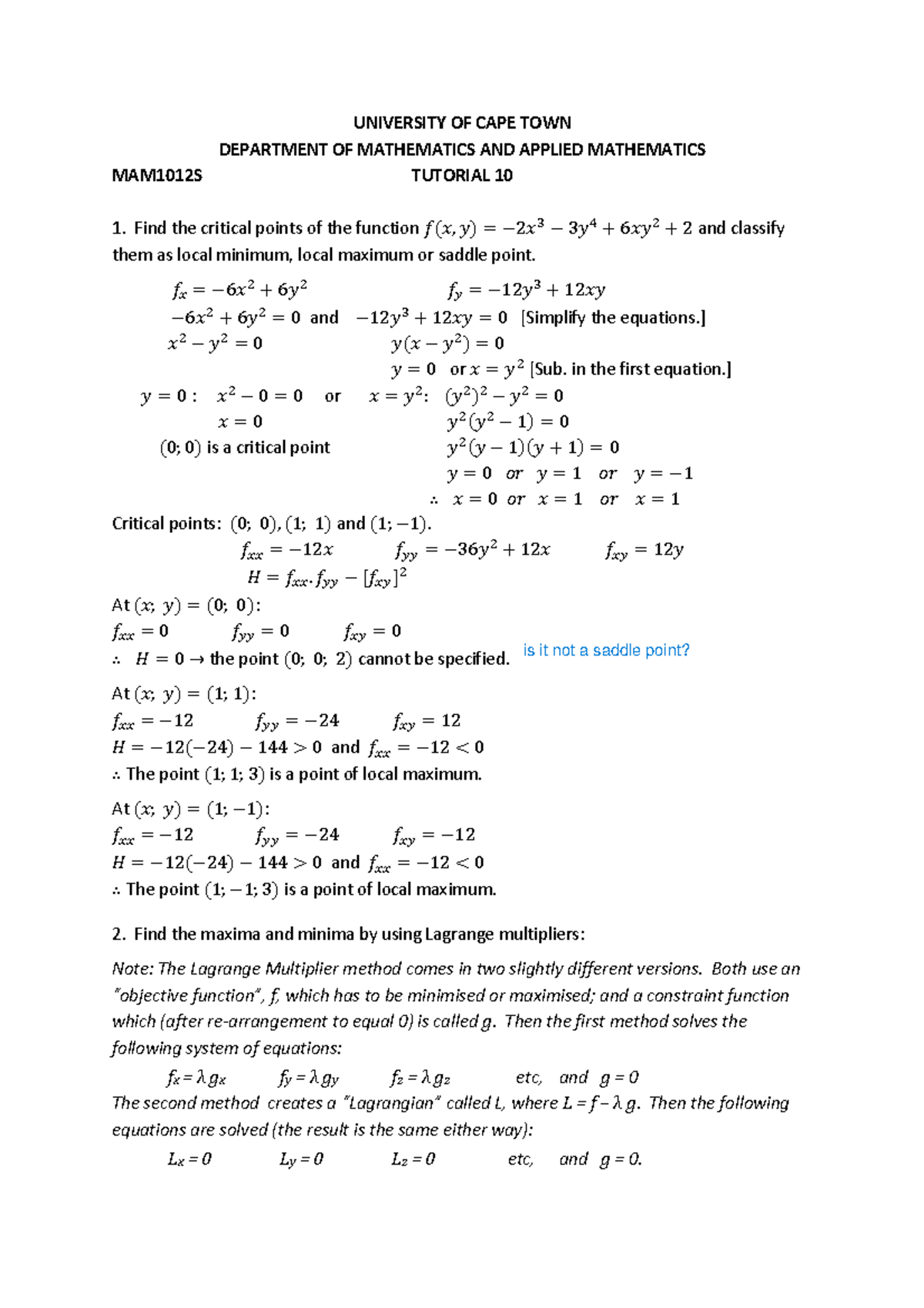 Tutorial 10 2021 Solutions Math - MAM1012S UNIVERSITY OF CAPE TOWN ...