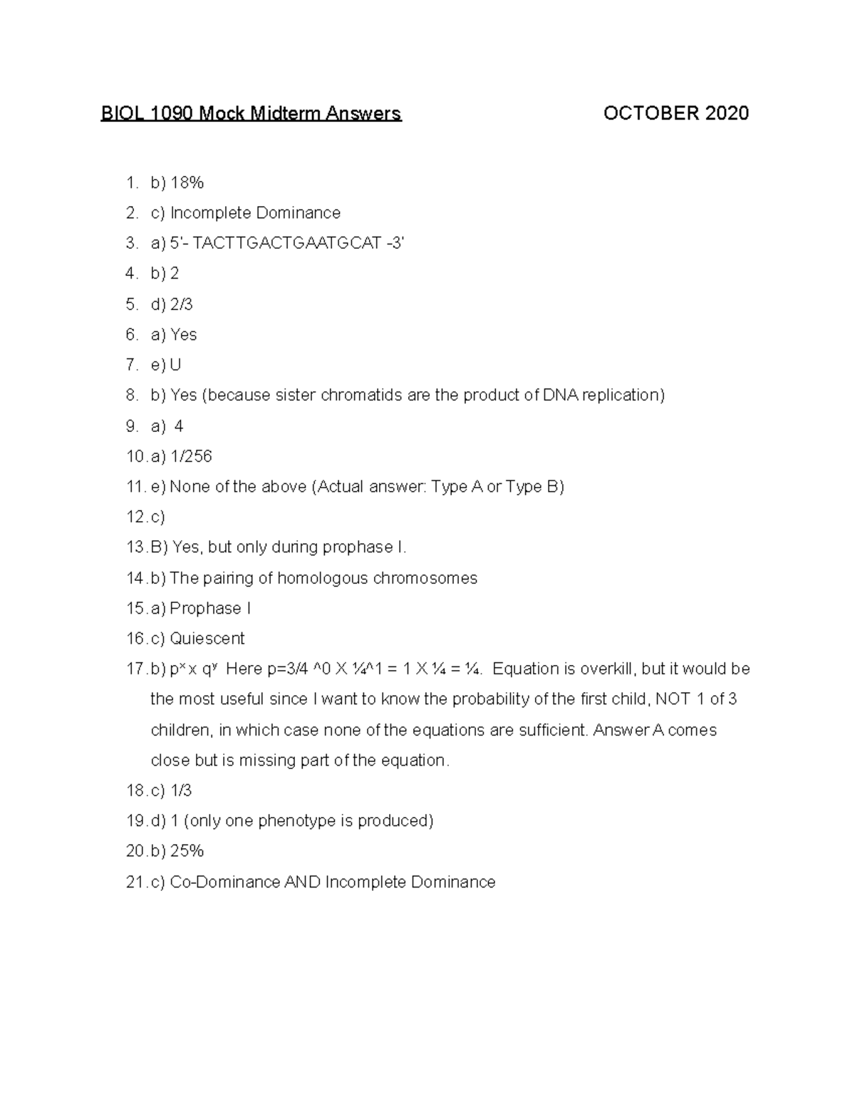 Copy of BIOL 1090 F20 Mock Midterm Answers (1) - BIOL 1090 Mock Midterm Answers OCTOBER 2020 b ...