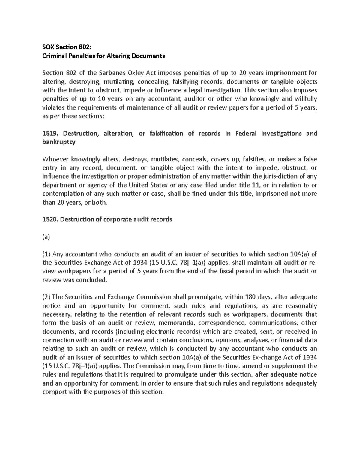 SOX Section 802 Criminal Penalties for Altering Documents - This ...