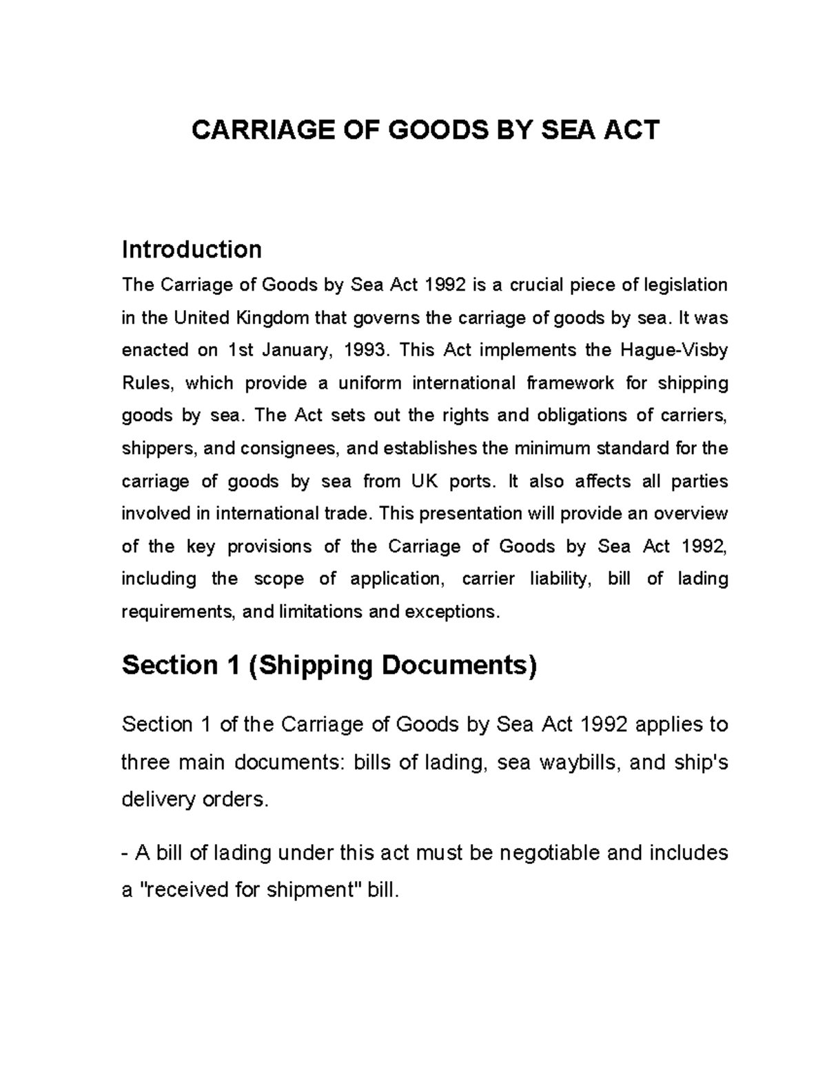 Carriage OF Goods BY SEA ACT - CARRIAGE OF GOODS BY SEA ACT ...