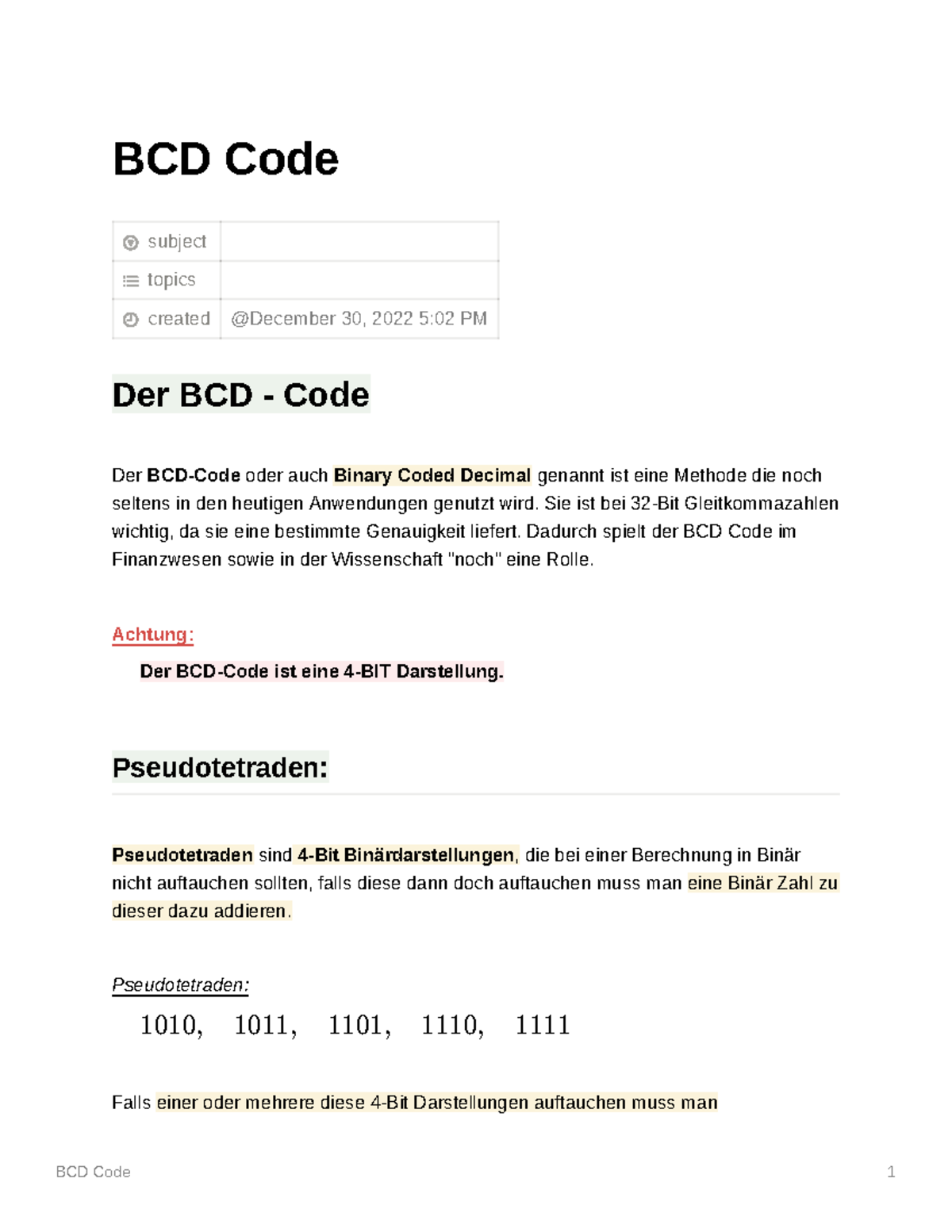 BCD Code - Wintersemester Ubiquitous Computing Vorlesung Zusammenfassung zum BCD Code und - BCD ...
