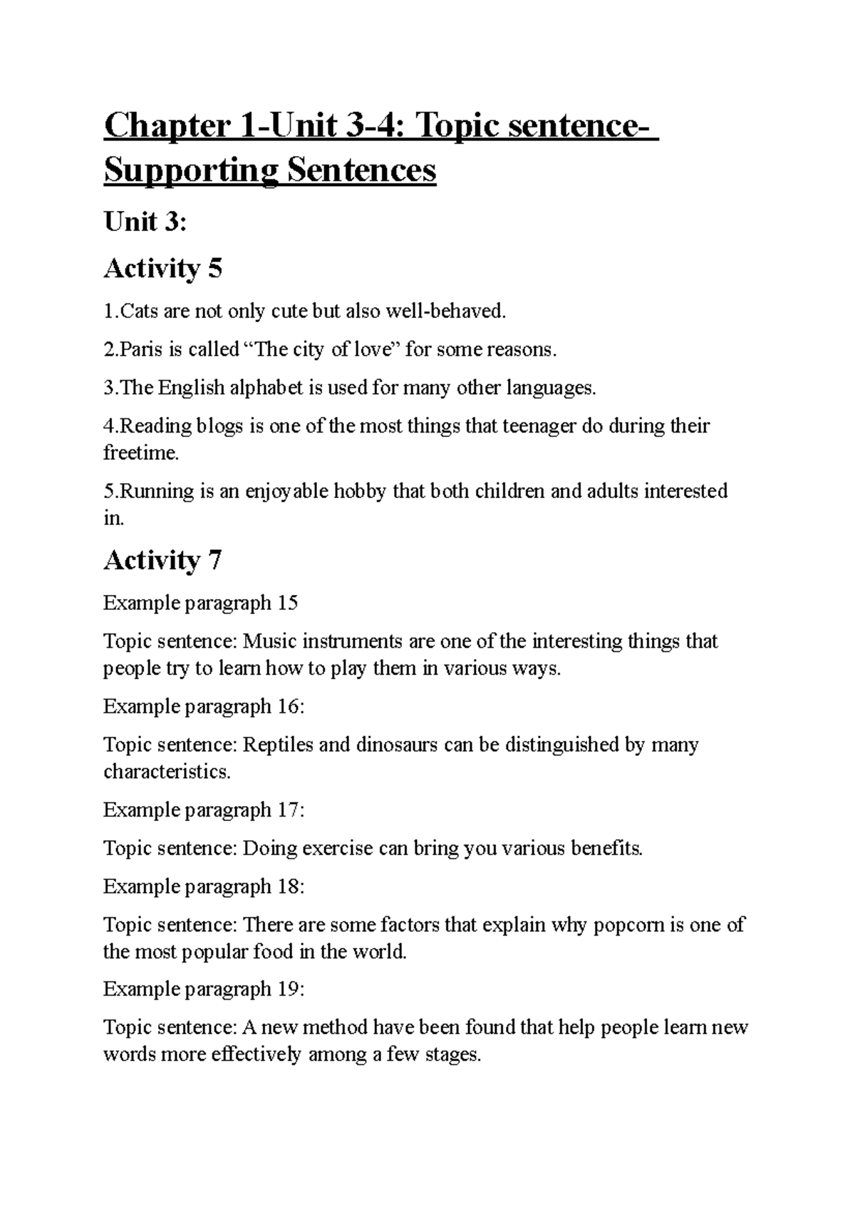 Chapter 1 BT Chapter 1 Unit 3 4 Topic Sentence Supporting