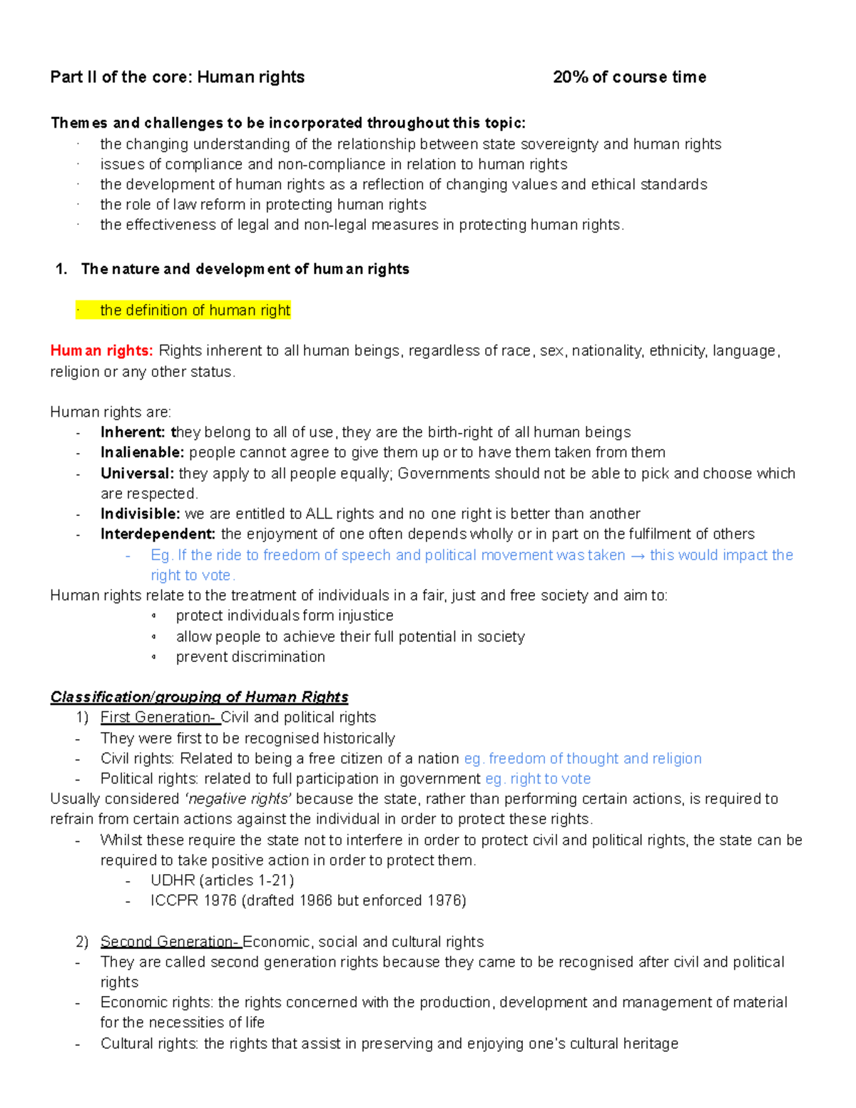 Human Rights Notes - Part II of the core: Human rights 20% of course ...