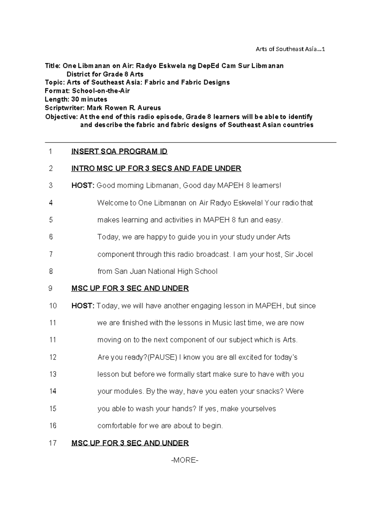 ARTS 8 Q1 RBI Aureus-MARK- Rowen - Title: One Libmanan on Air: Radyo Eskwela ng DepEd Cam Sur ...