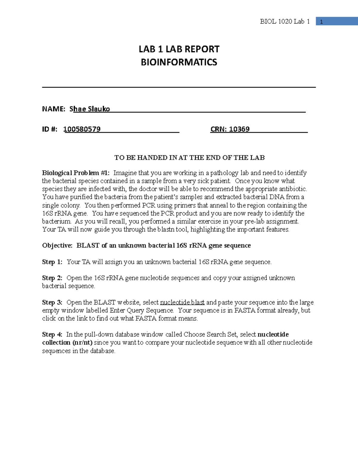 Lab 1 Bioinformatics Lab Report S2022 Lab 1 Lab Report