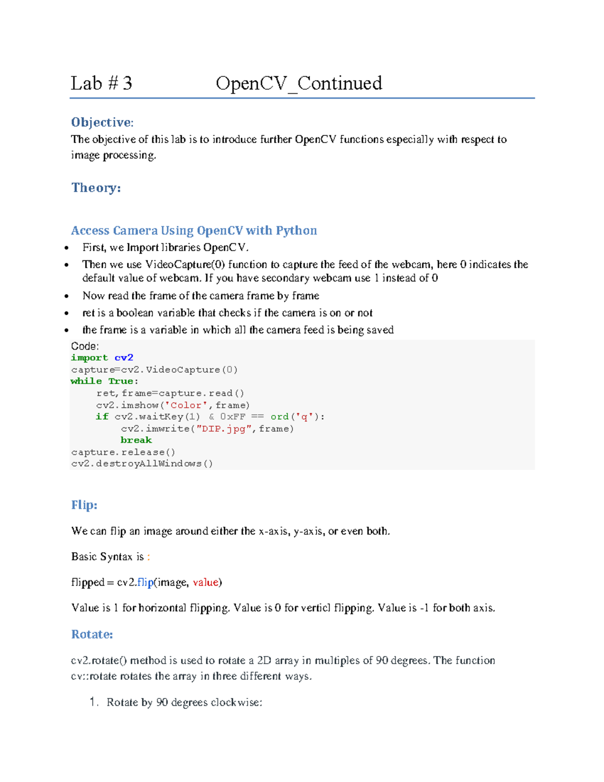 Lab Manual# 3 - Lab # 3 OpenCV_Continued Objective : The objective of ...