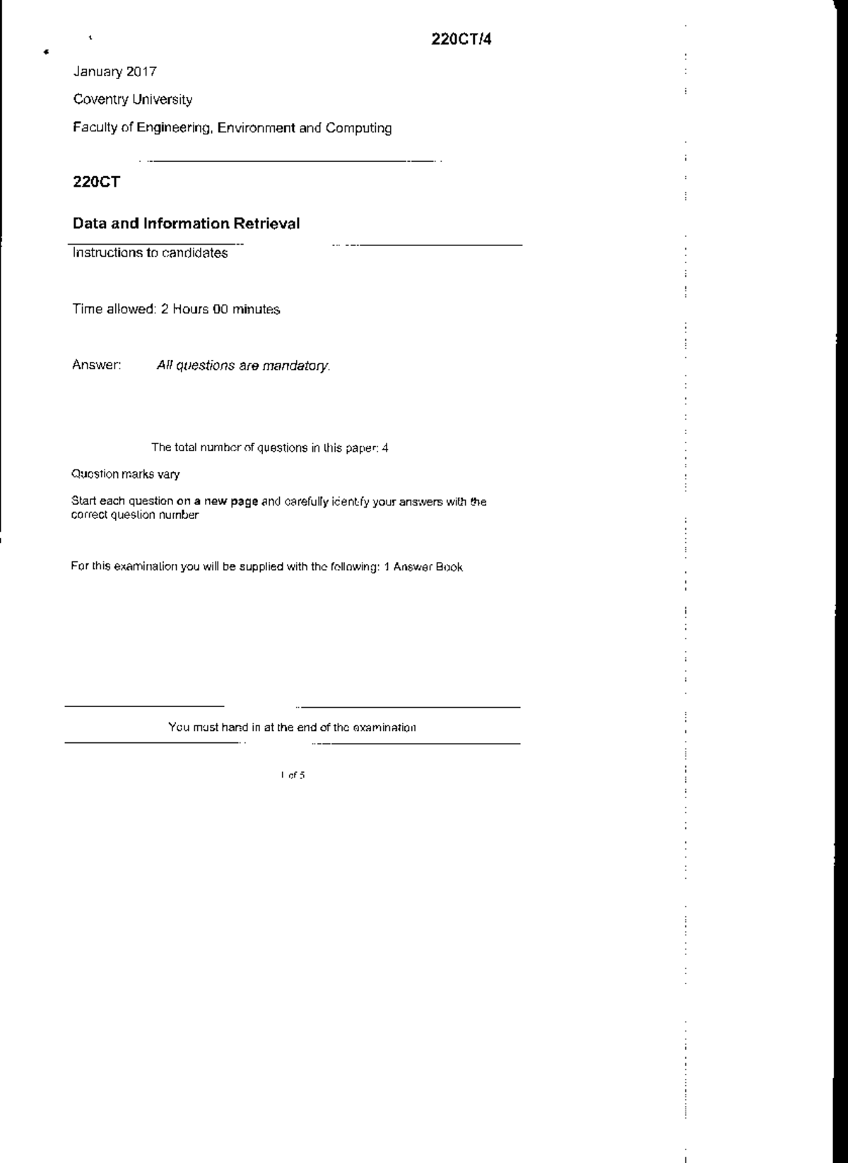 220ct jan 2017 - Practice Past Paper notes for Jan 2017 - 220CT - Studocu