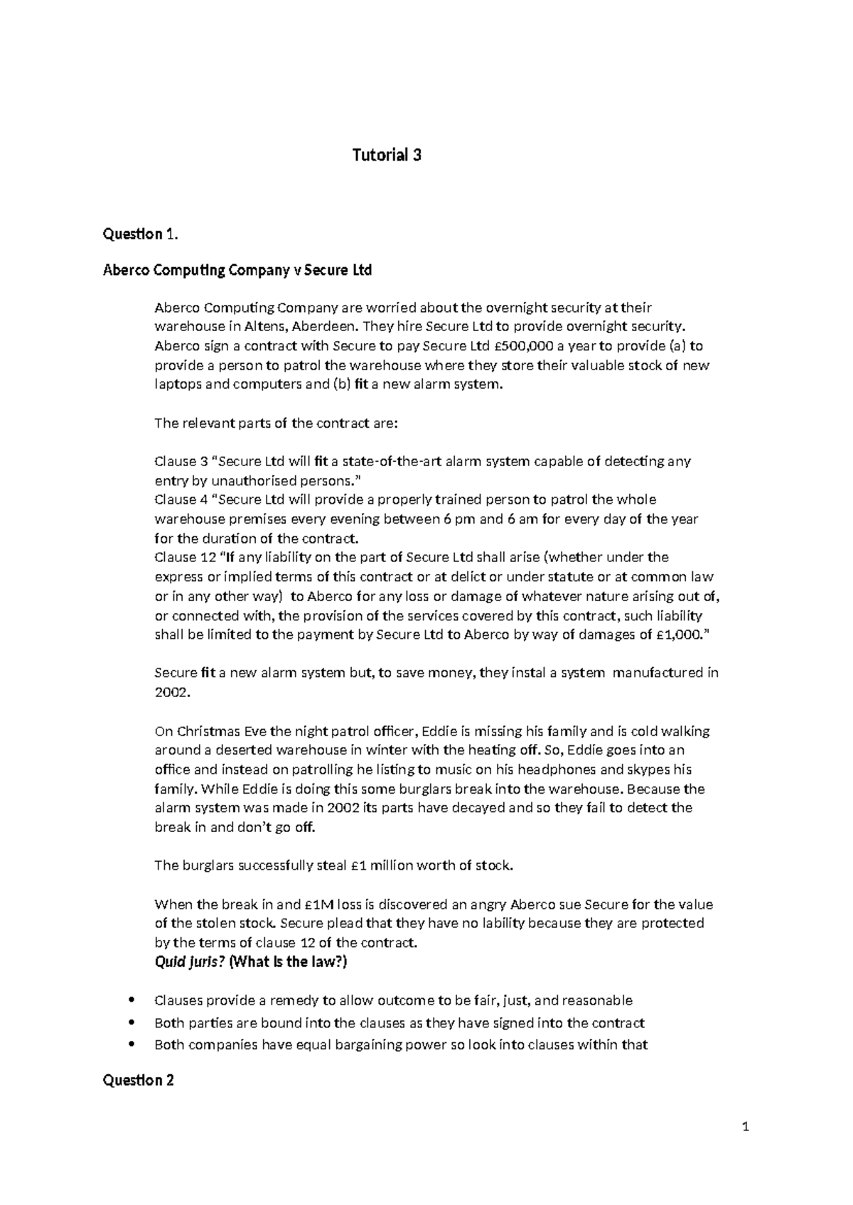 Tutorial Problem 3 - Tutorial 3 Question 1. Aberco Computing Company v ...