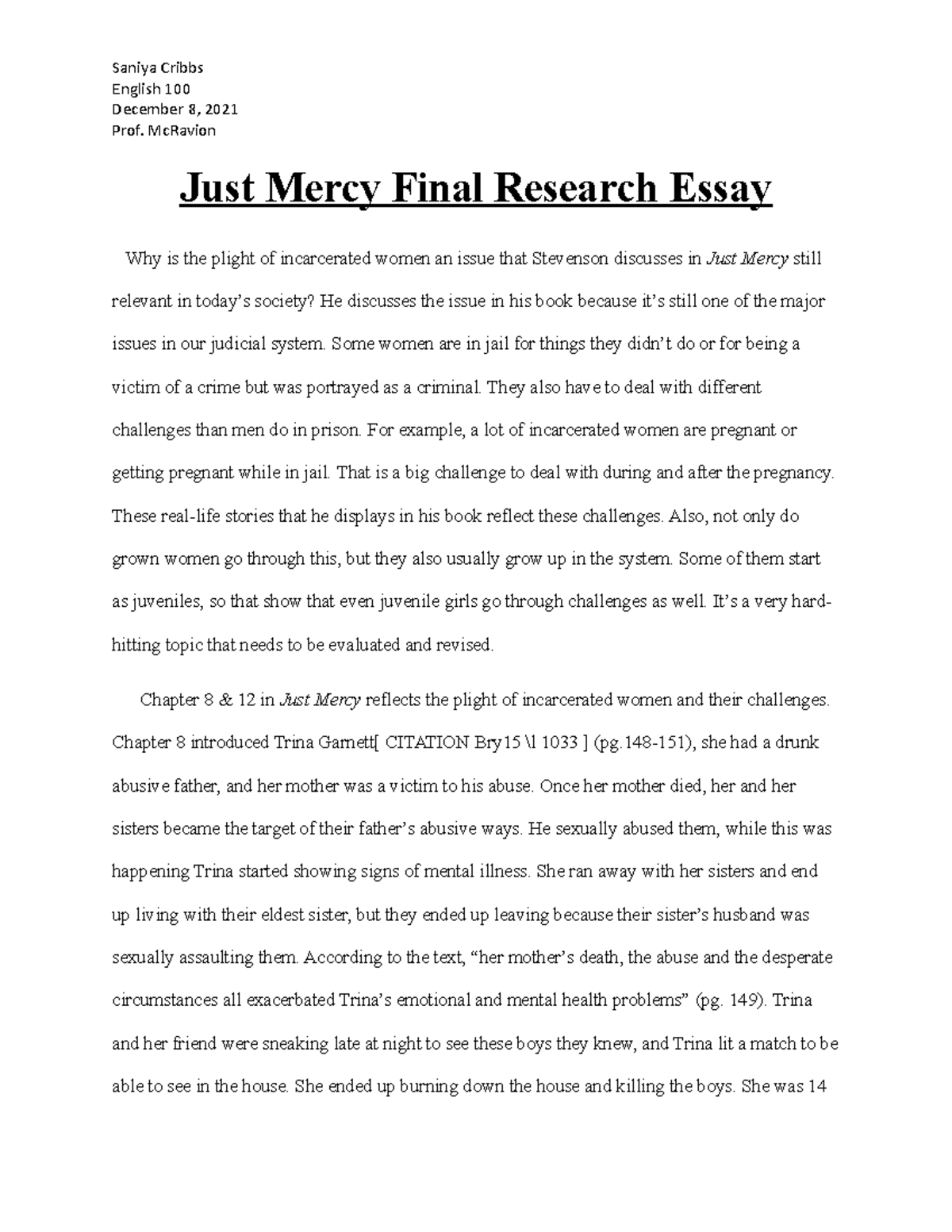 Just Mercy Final Research Essay - December 8, 2021Prof. McRavion Just ...