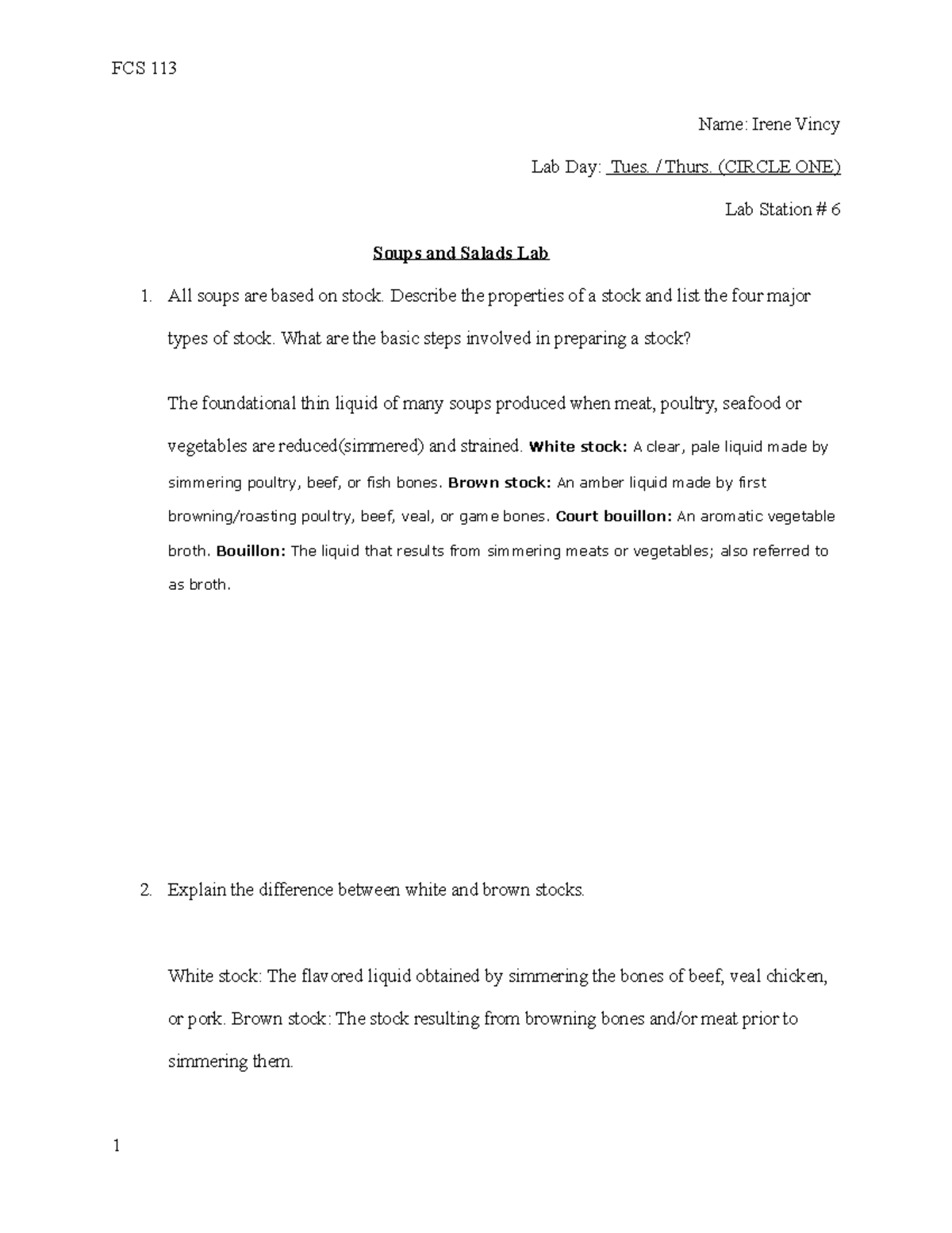Soup and salads lab - FCS 113 CLASS NOTES - Name: Irene Vincy Lab Day ...