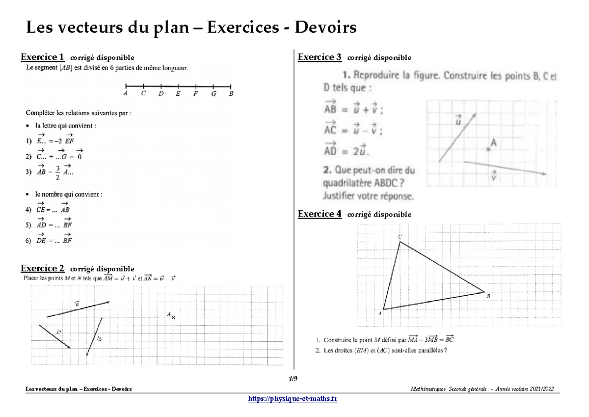 Vecteurs plan exercices - Les vecteurs du plan – Exercices - Devoirs Exercice 1 corrigé ...