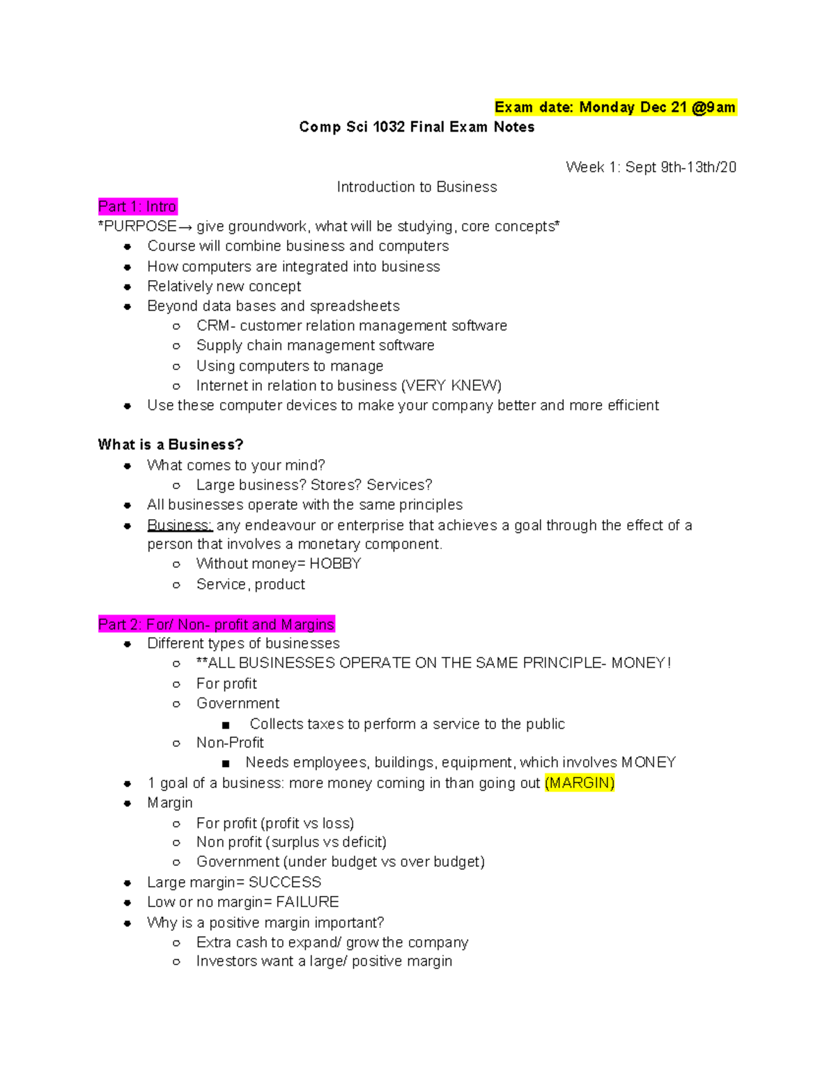 Comp Sci 1032 Final Exam Notes - Exam date: Monday Dec 21 @9am Comp Sci ...