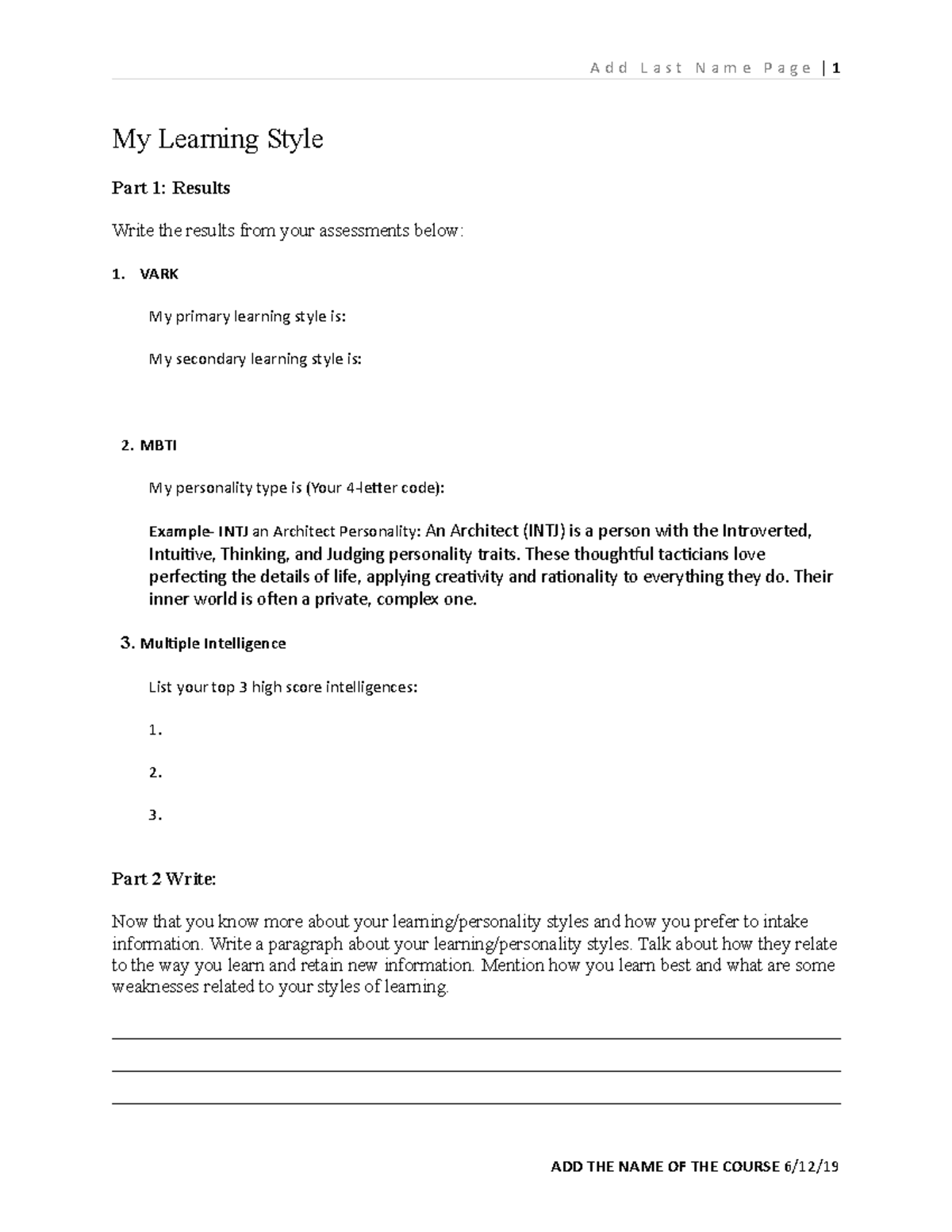 Learning Styles & Personality 2 - A d d L a s t N a m e P a g e | 1 My ...