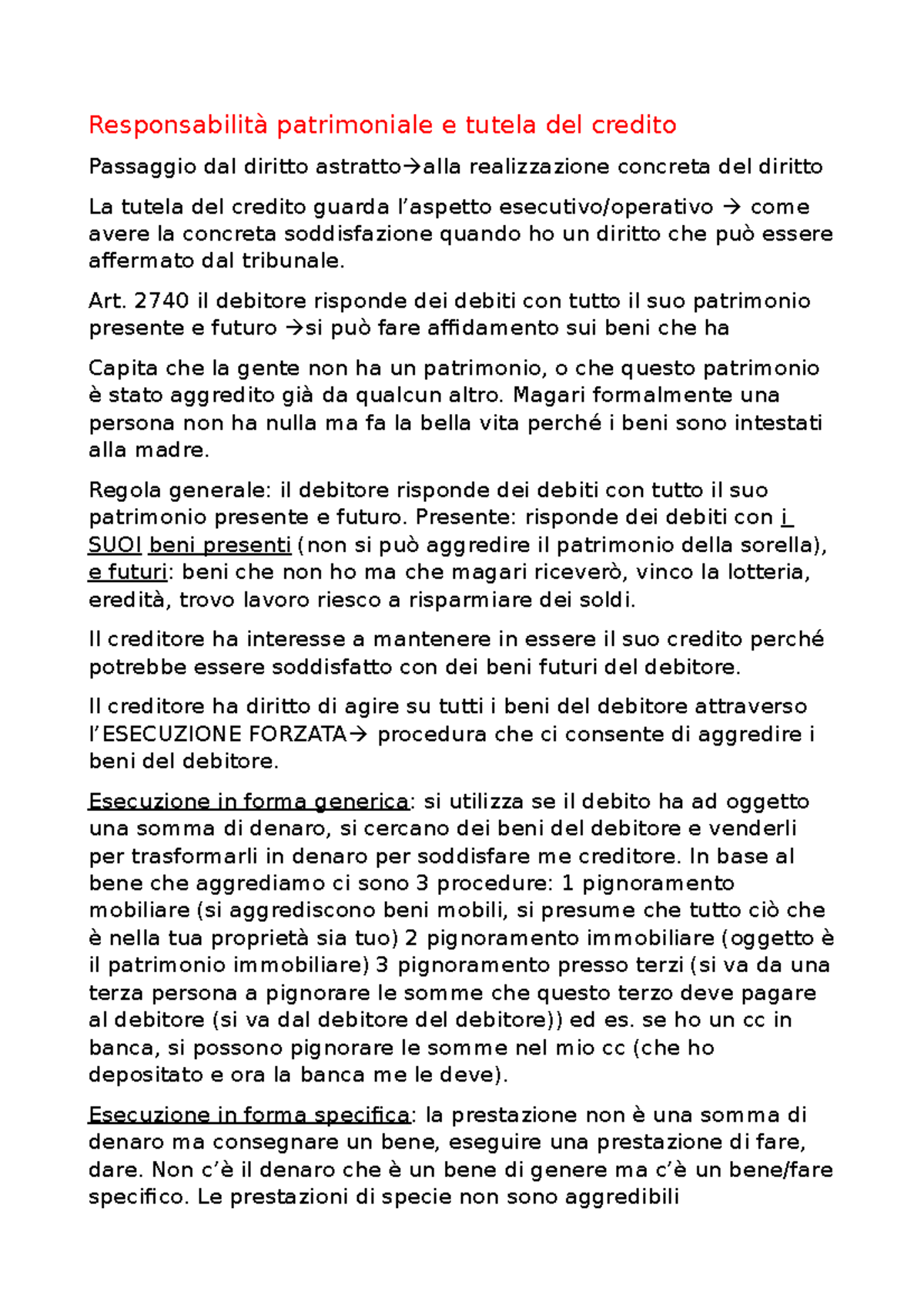 Responsabilità patrimoniale e tutela del credito - Art. 2740 il debitore risponde dei debiti con ...