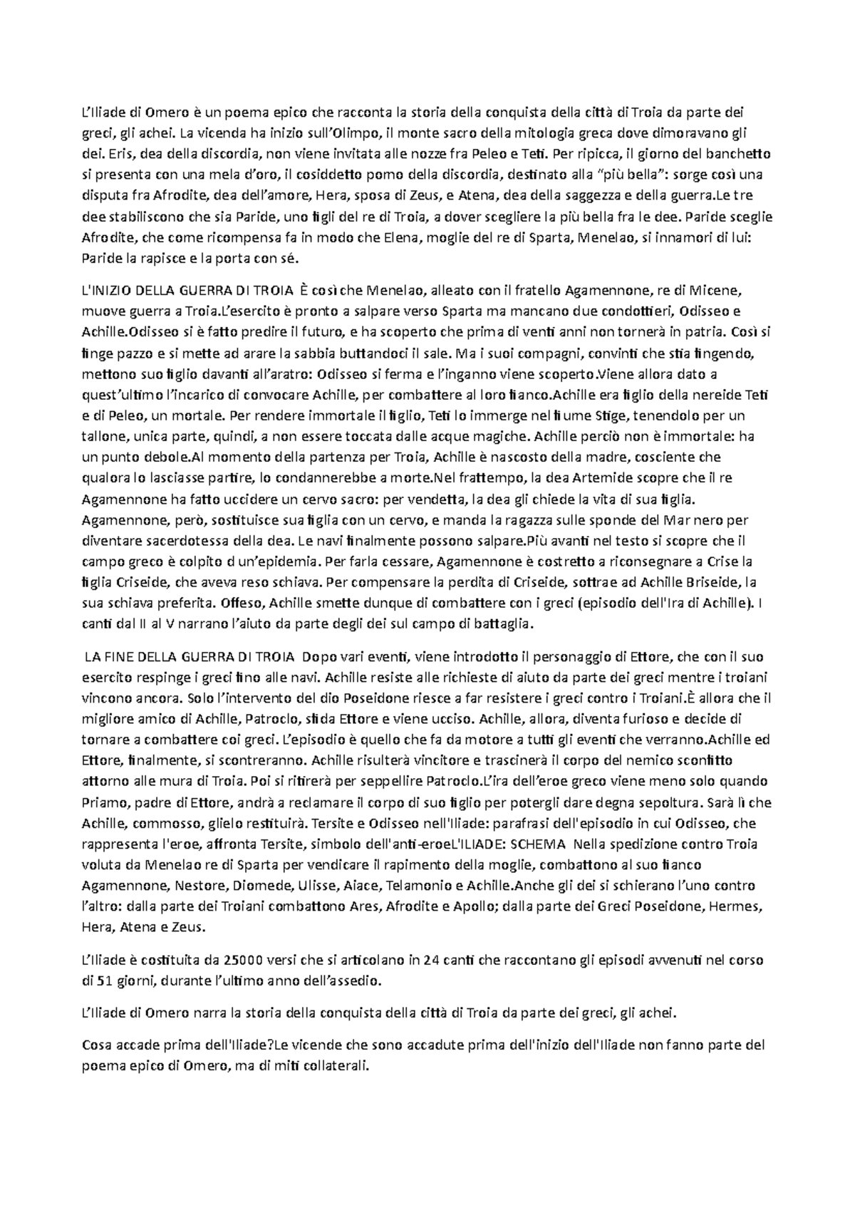 Riassunto Iliade - L’Iliade di Omero è un poema epico che racconta la ...