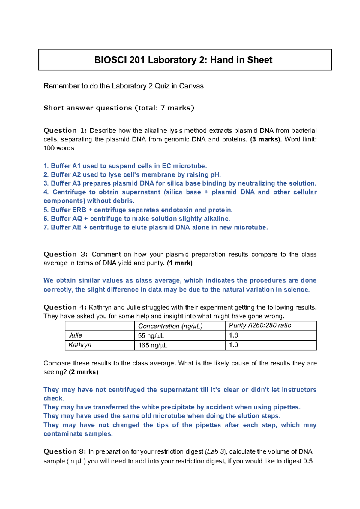 201 lab 2 write up - BIOSCI 201 Laboratory 2 : Hand in Sheet Remember to do the Laboratory 2 ...