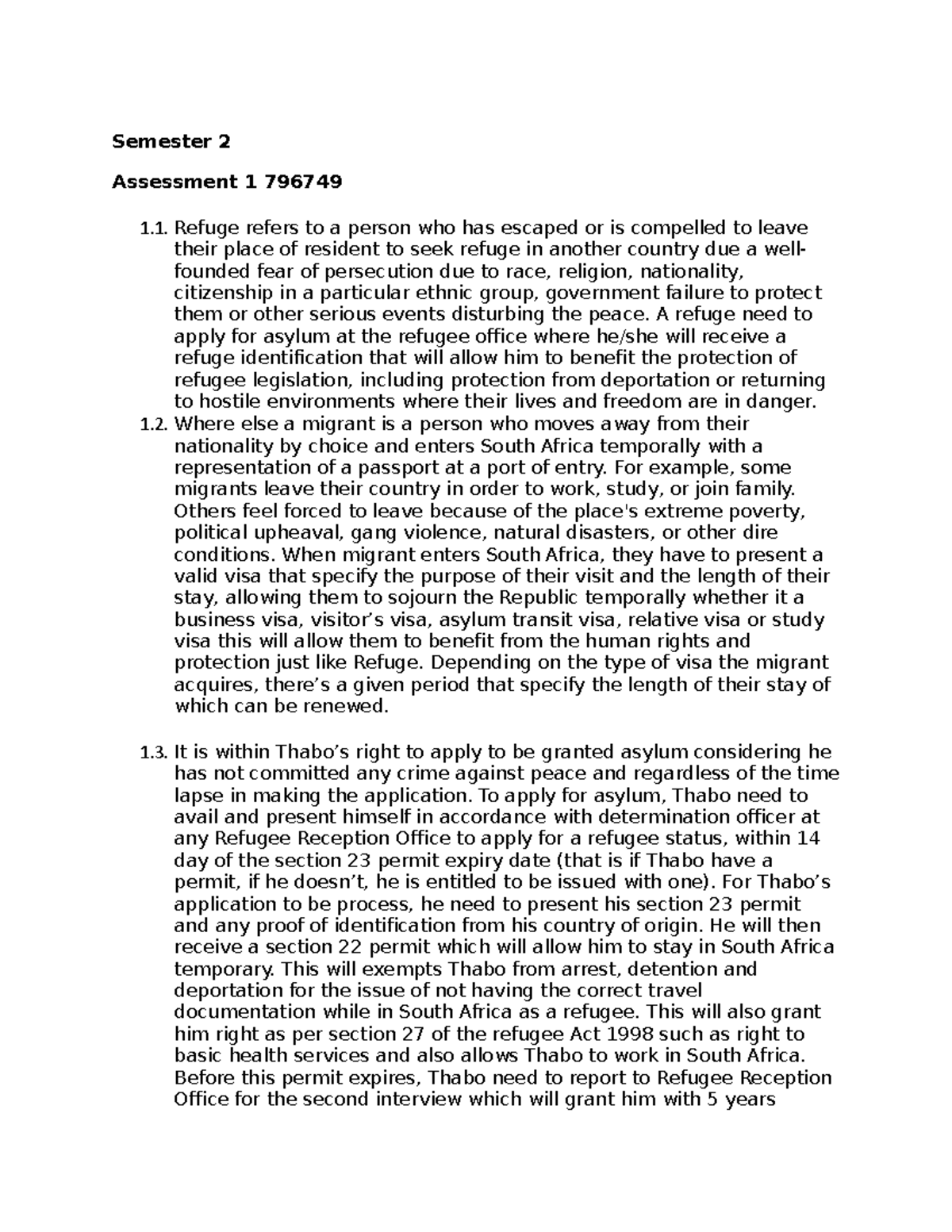 CPD1501 Semester 2 - Semester 2 Assessment 1 796749 Refuge refers to a ...