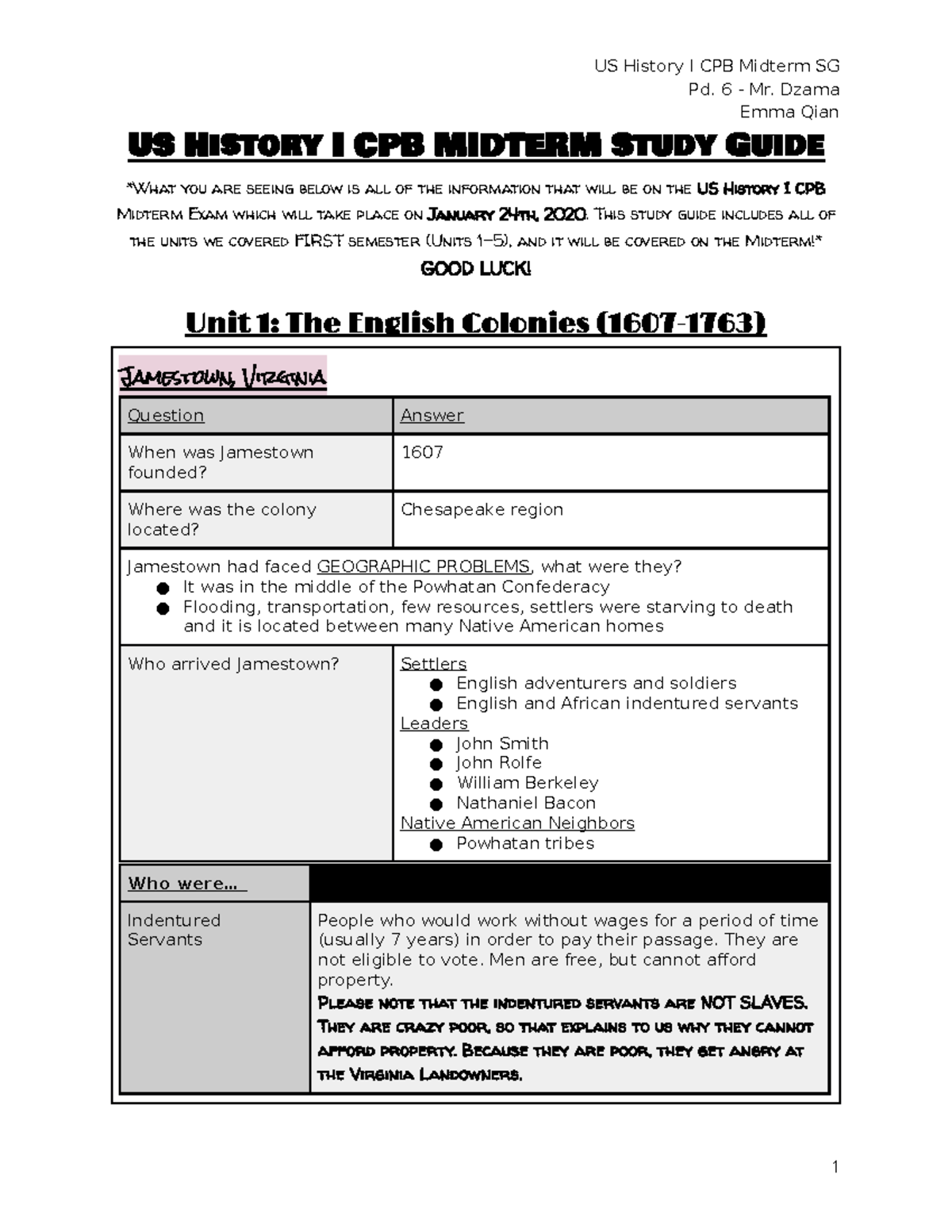 US History 1 CPB Midterm SG - Pd. 6 - Mr. Dzama Emma Qian US History I ...
