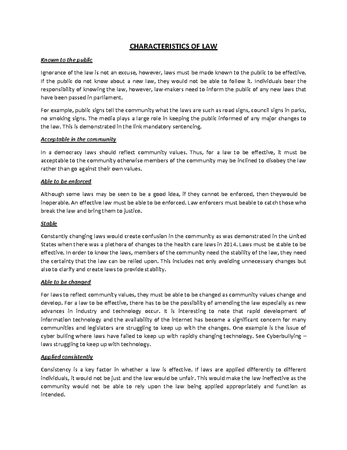 Characteristics AND Features OF LAW - CHARACTERISTICS OF LAW Known to ...