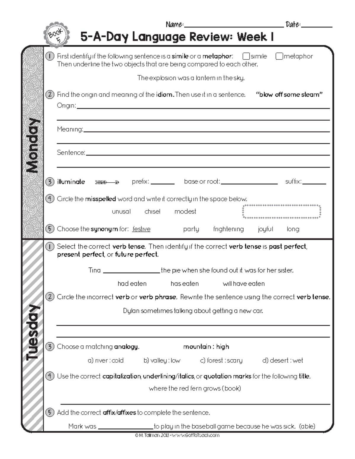 5a Day - reading - 1 2 2 3 4 5 1 4 3 5 W Book 5 5-A-Day Language Review ...