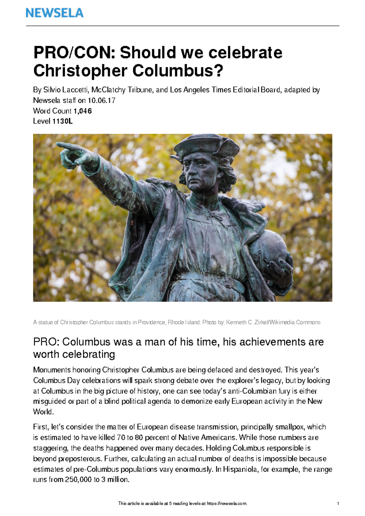 Newsela Columbus review and practice - PRO/CON: Should we celebrate ...
