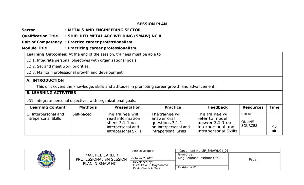 Revision - sdfsdfsd - SESSION PLAN Sector : METALS AND ENGINEERING ...