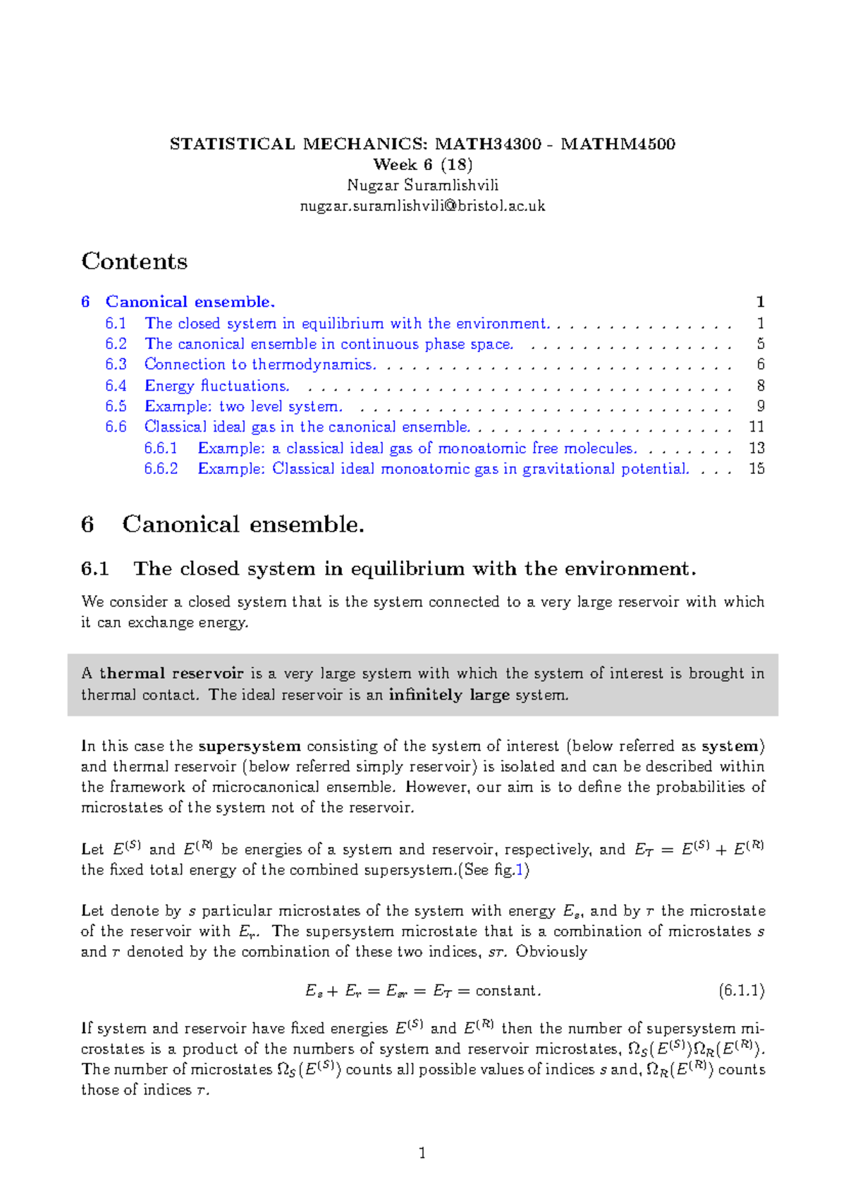 Stat Notes WK6 - STATISTICAL MECHANICS: MATH34300 - MATHM Week 6 (18 ...