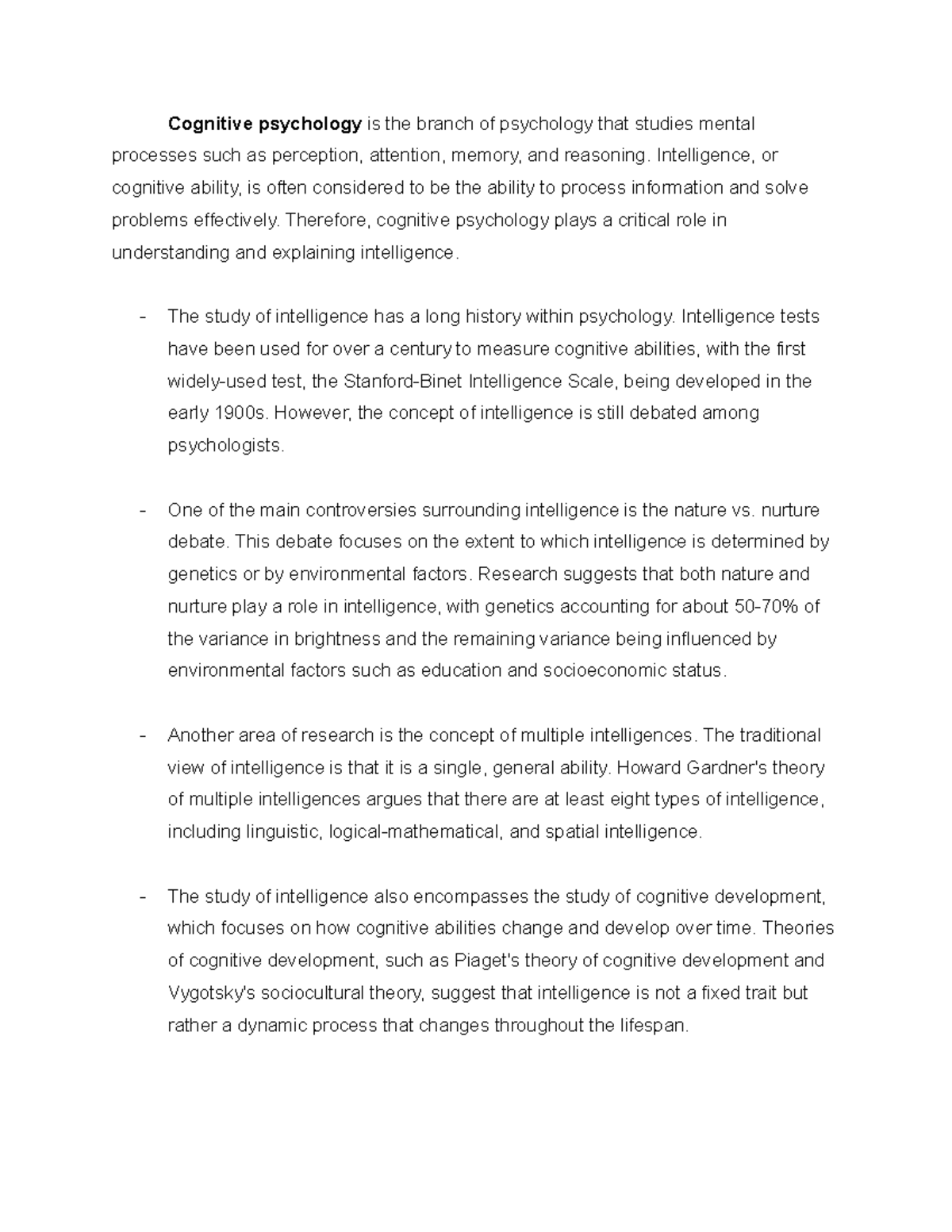 Psychology Notes Intelligence - Cognitive psychology is the branch of ...